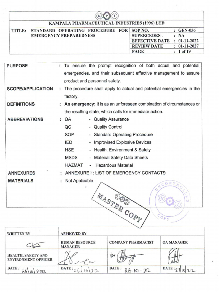 SOP FOR EMERGENCY PREPAREDNESS (SCANED COPY) | PDF