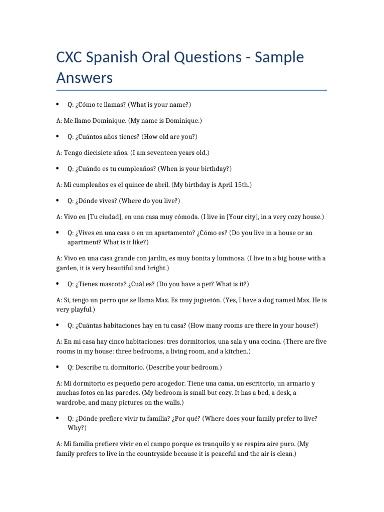 CXC Spanish Oral Sample Answers | PDF