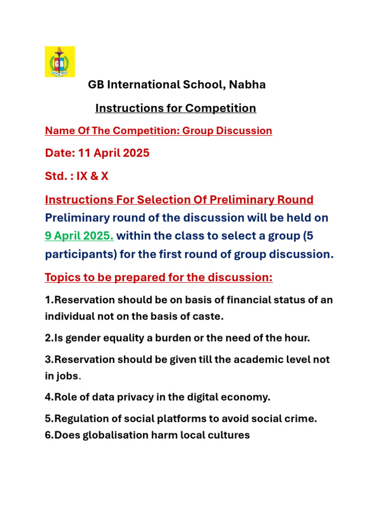 Instructions For Group Discussion Competition | PDF