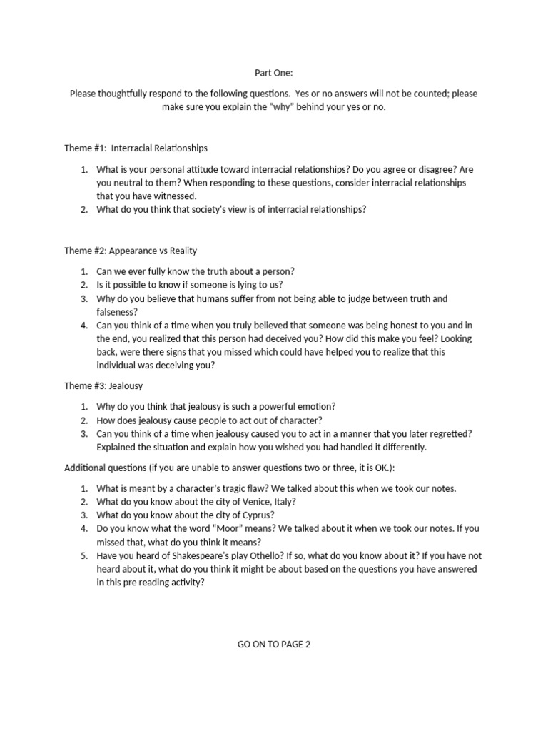 OTHELLO Pre-Read Questions | PDF | Jealousy | Othello