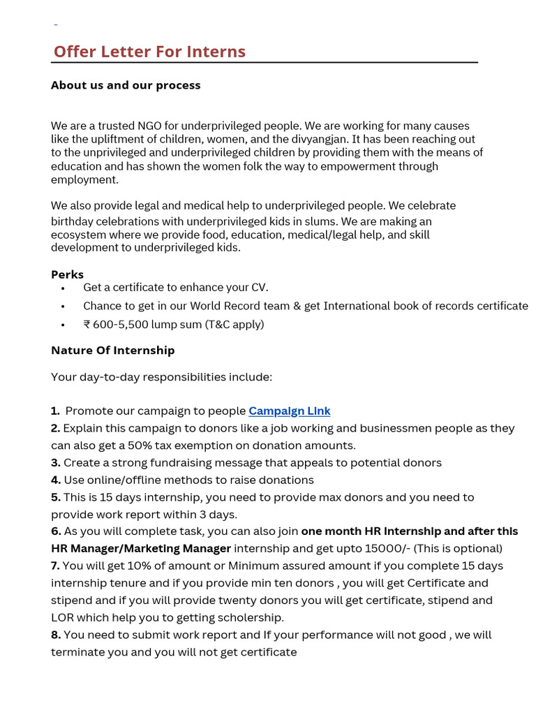 Offer Letter Interns | PDF