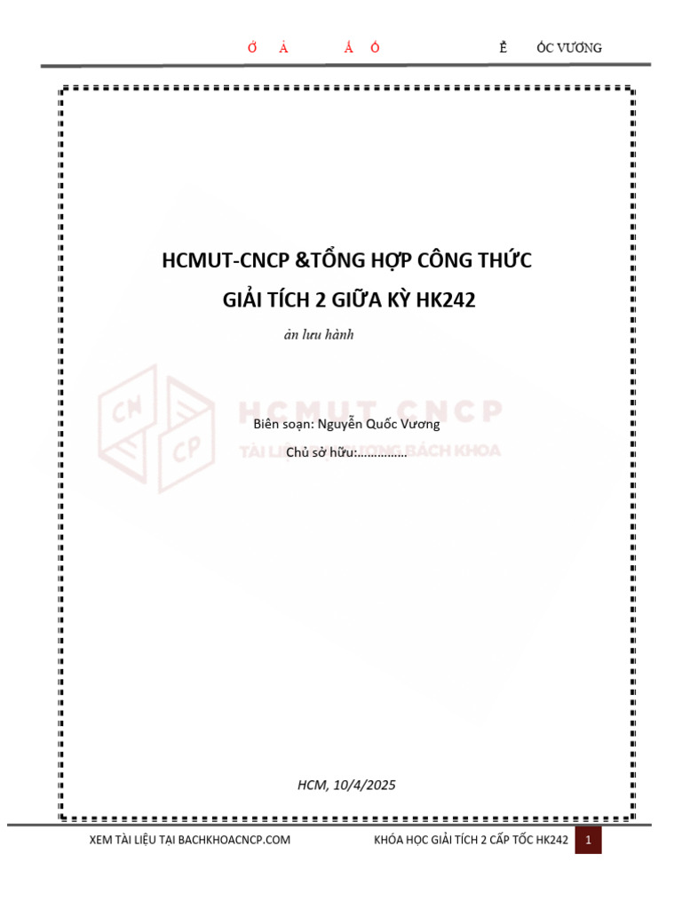 File công thức giữa kì giải tích 2 HK242 public | PDF