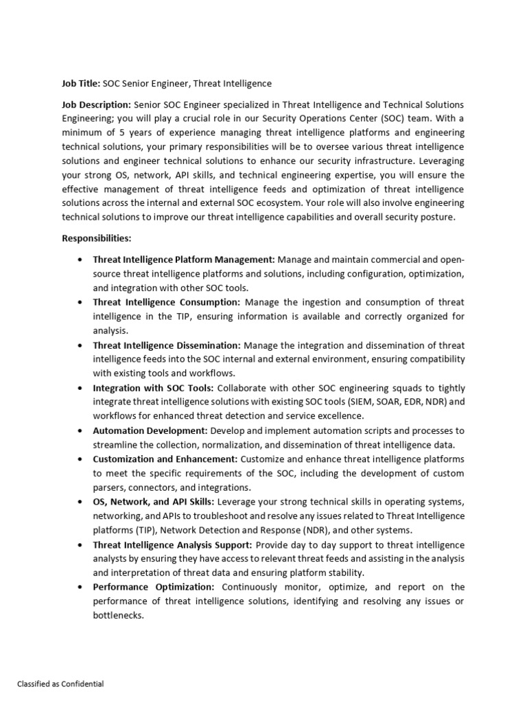 JD - SOC Senior Engineer Threat Intelligence | PDF | System On A Chip ...