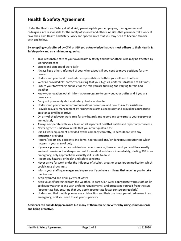 Health Safety Agreement V1 112020 | PDF | Occupational Safety And ...