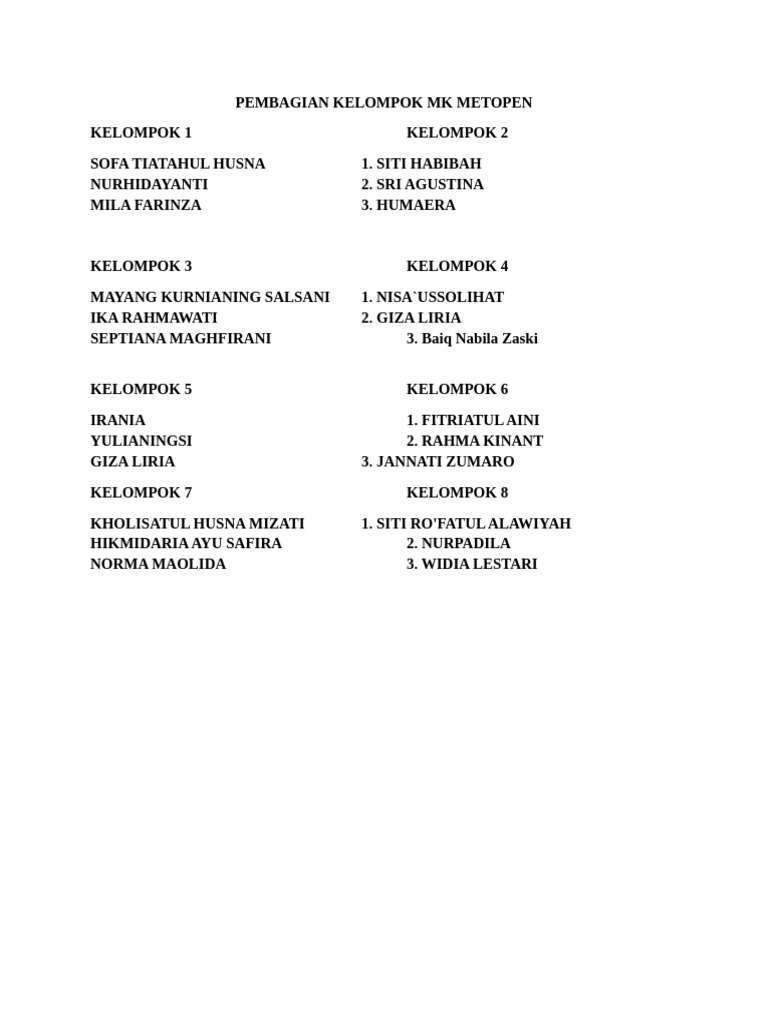 Pembagian Kelompok MK Metopen | PDF