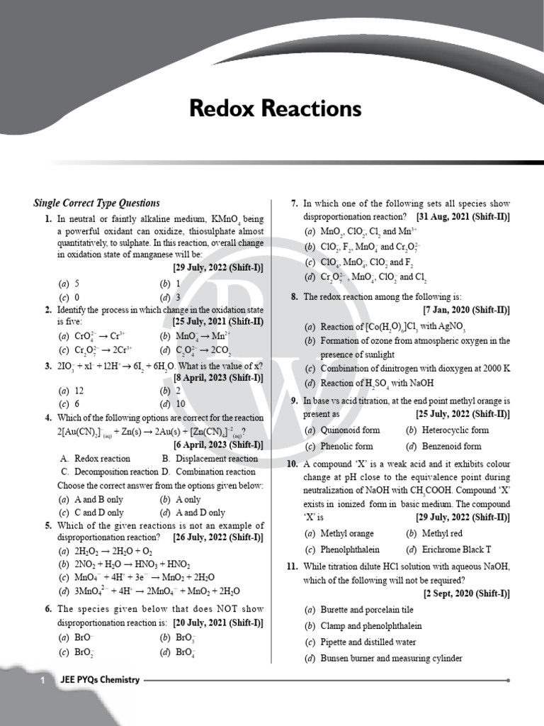 Redox Reactions - PYQ Practice Sheet Physical Chemistry | PDF | Acid | Titration