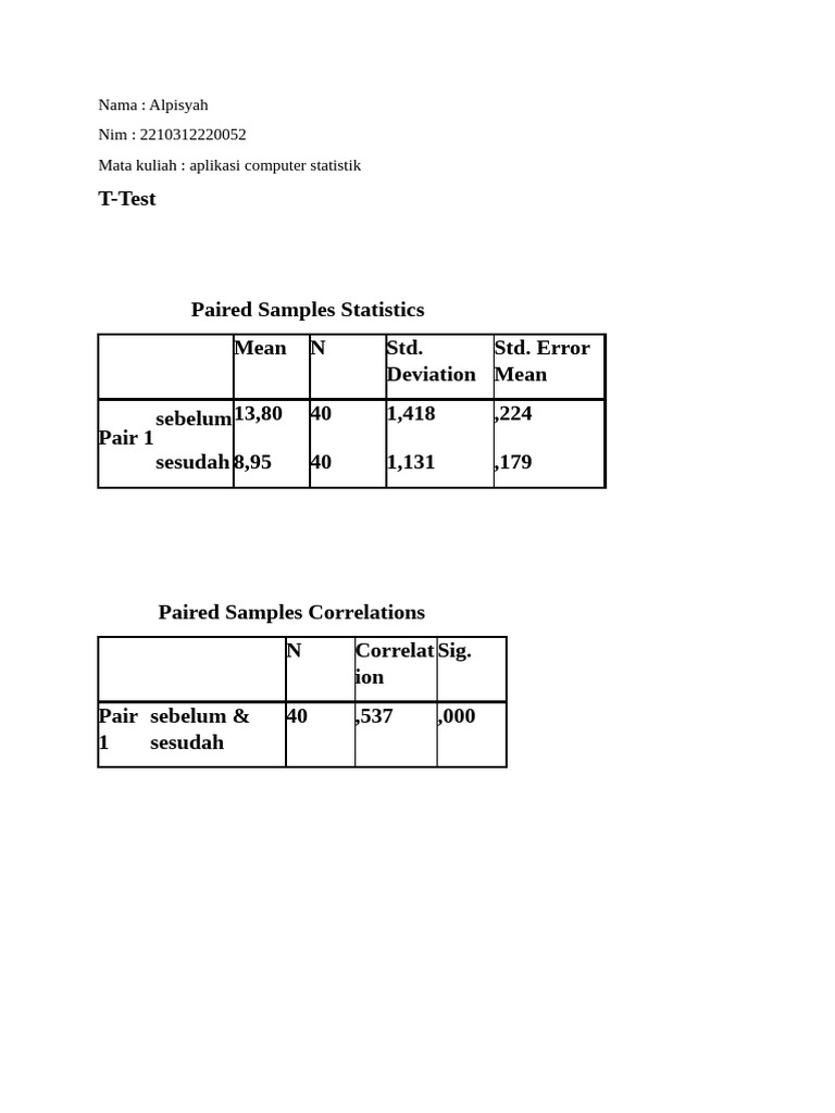 paired sample T Test uts | PDF