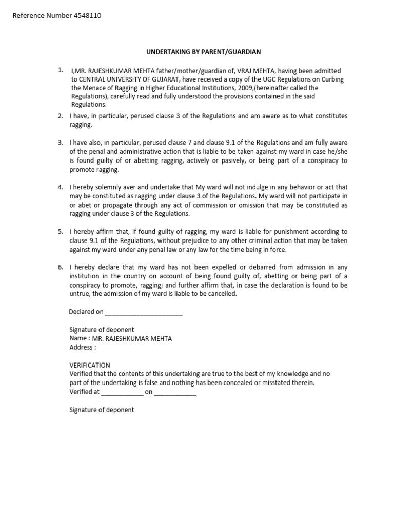 Parent Undertaking Against Ragging | PDF | Justice | Crime & Violence