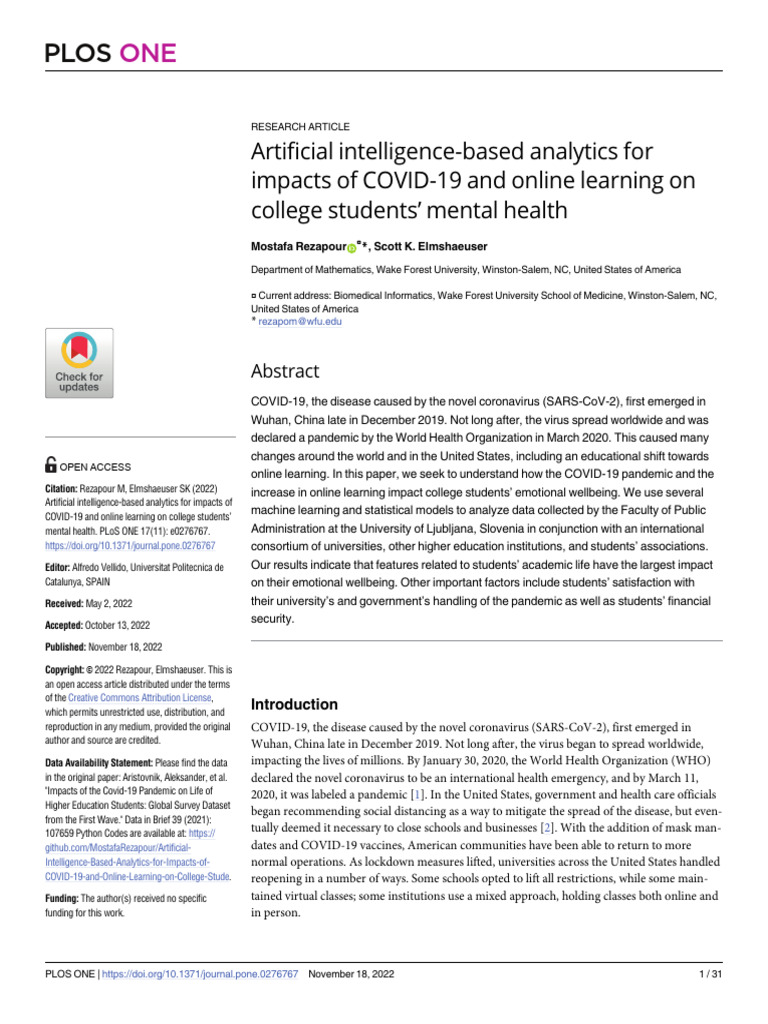 Artificial Intelligence-Based Analytics For Impacts of COVID-19 and Online Learning On College ...