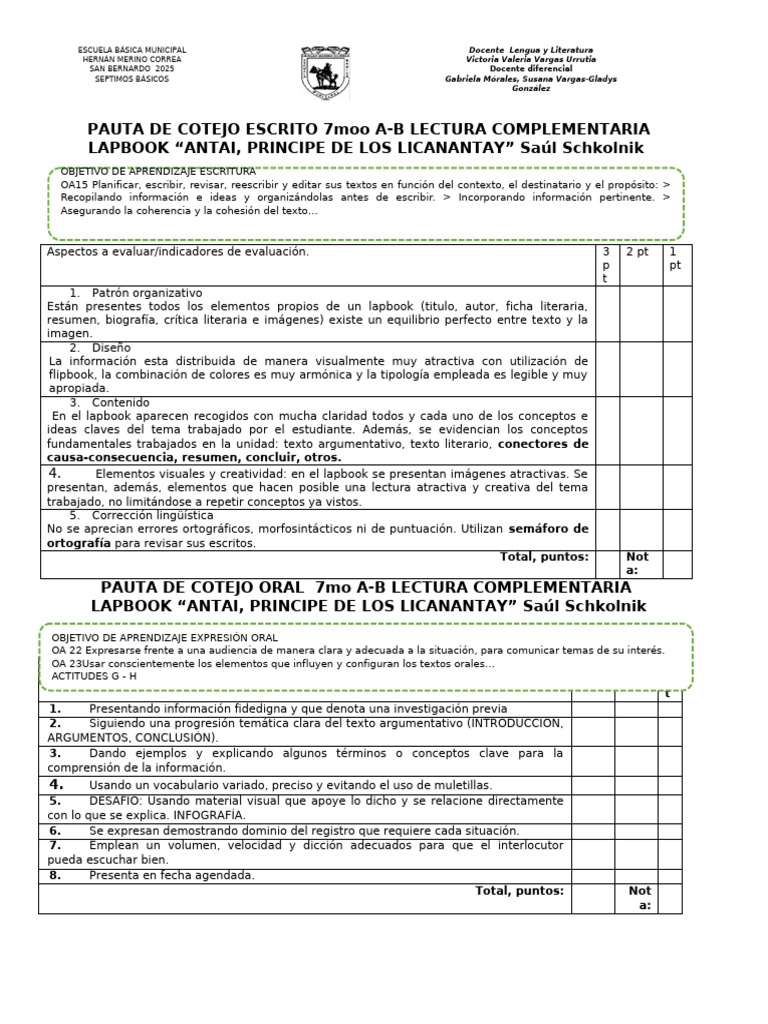 7AB PAUTA de COTEJO ESCRITO ORAL Antai Principe de Los Licanantay | PDF ...