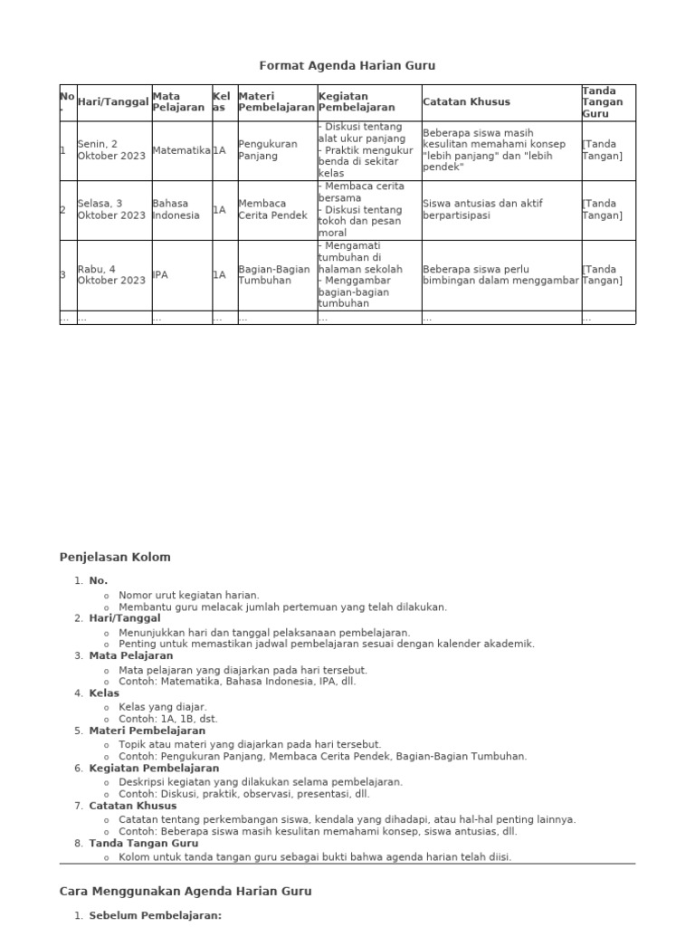 Contoh Buku Agenda Harian Guru | PDF