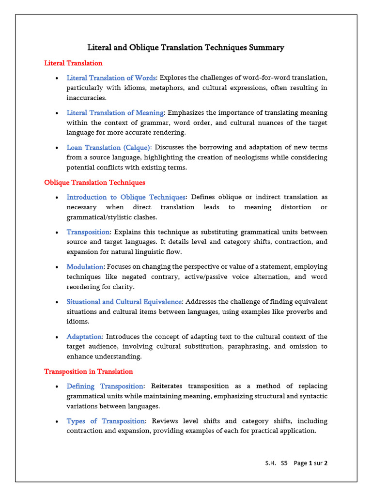 Translation Techniques S5 - Summary | PDF | Translations | Semantics
