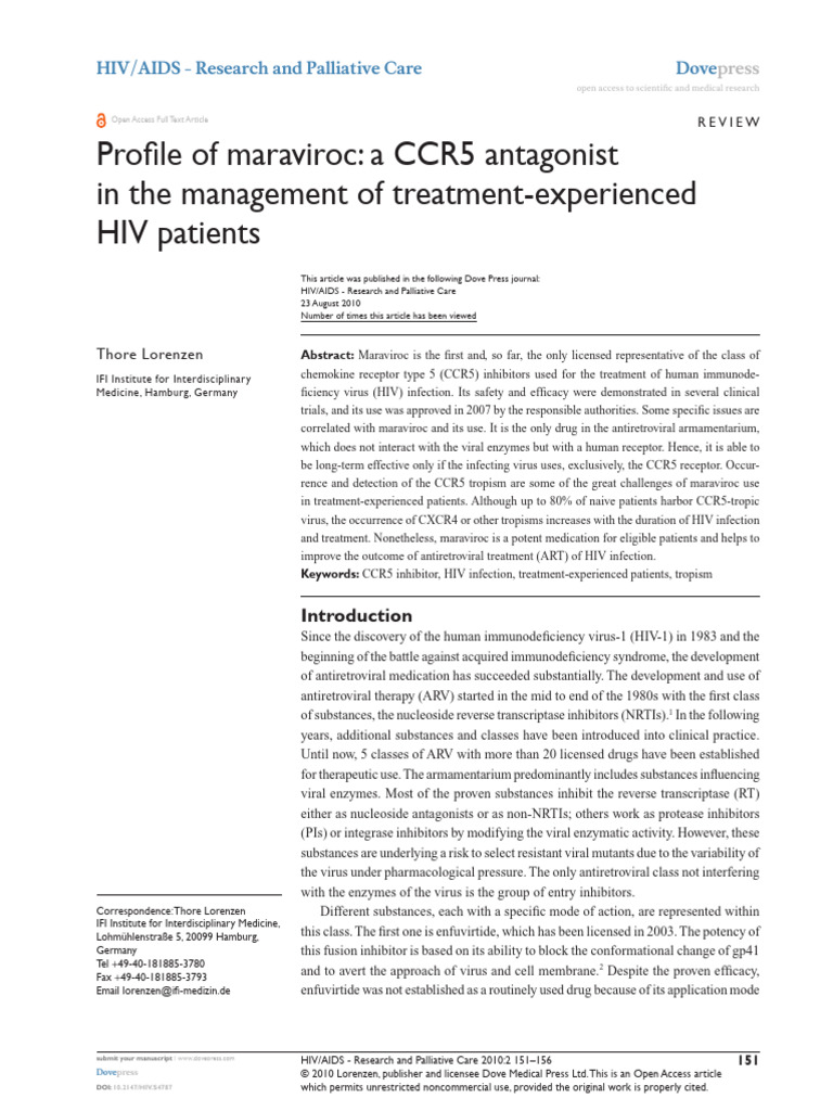 HIV 4787 Profile of Maraviroc A Ccr5 Antagonist in The Management o ...