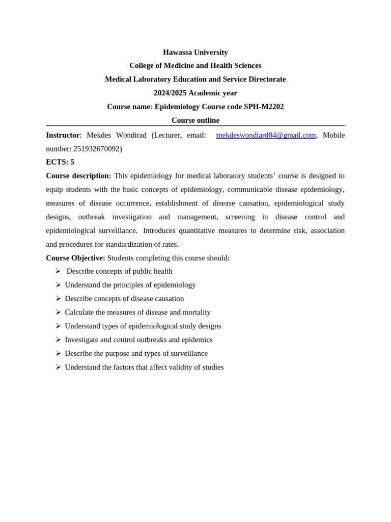 Epidemiology Course Outline 2024/2025 | PDF | Epidemiology | Epidemics