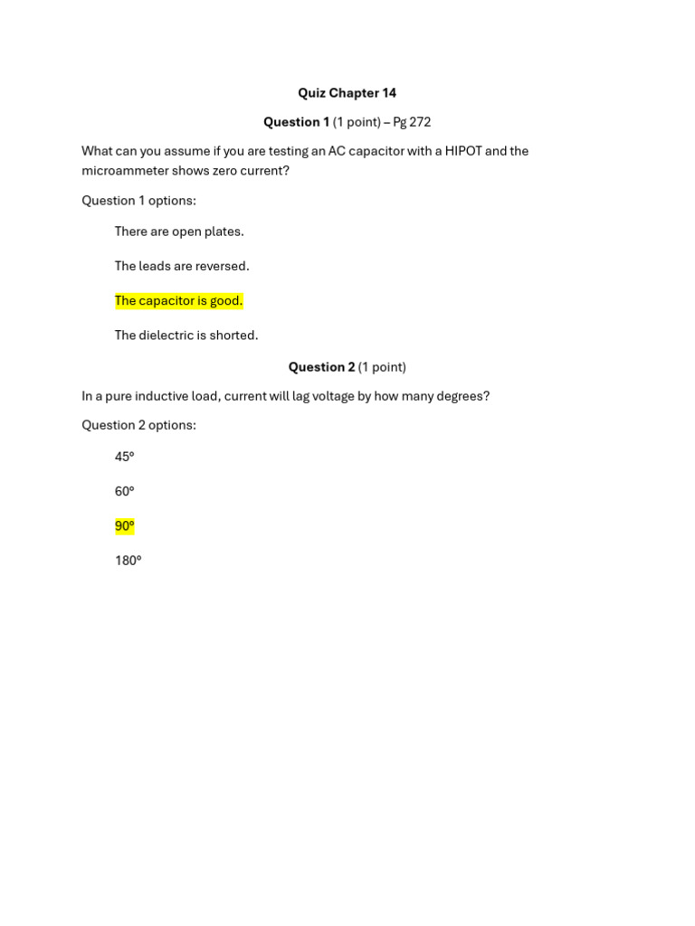 Quiz Chapter 14 Answers | PDF | Capacitor | Inductance