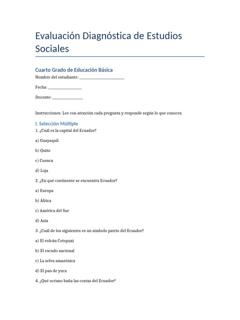 Evaluacion Diagnostica Estudios Sociales 4to Grado | PDF