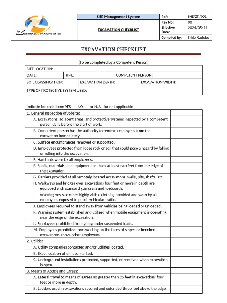 Excavation Checklist ZIBANDLELA | PDF | Safety | Occupational Safety And Health