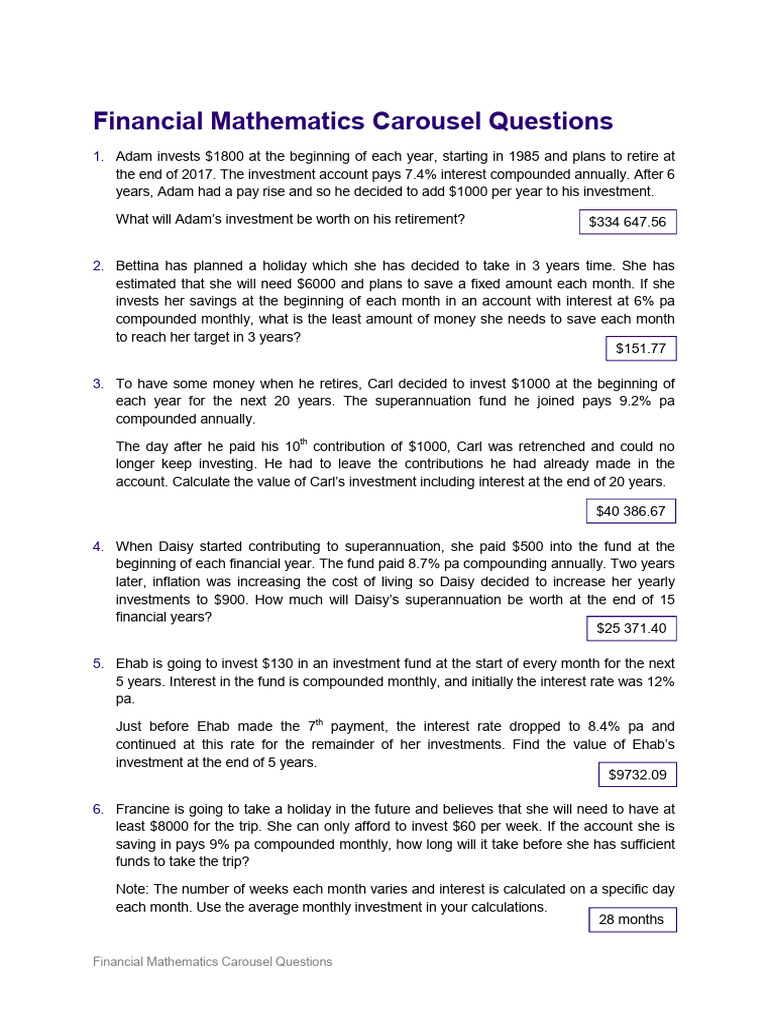 Sample Unit Mathematics Advanced Year 12 s1 Financial Mathematics Resource 6 Carousel Questions ...