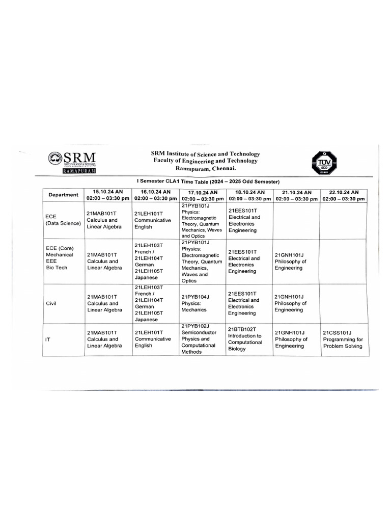 SRM Institute I Semester Time Table 2024 | PDF | Physics | Engineering