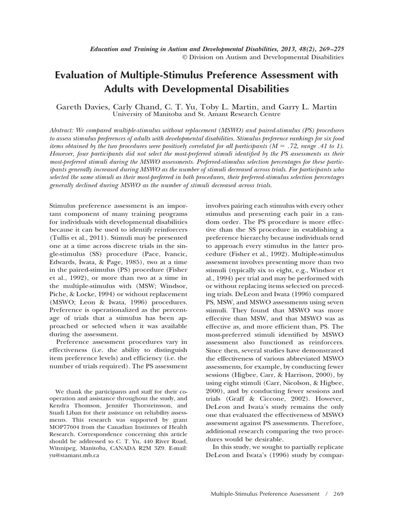 Evaluation of Multiple-Stimulus | PDF | Reinforcement | Behavioural ...