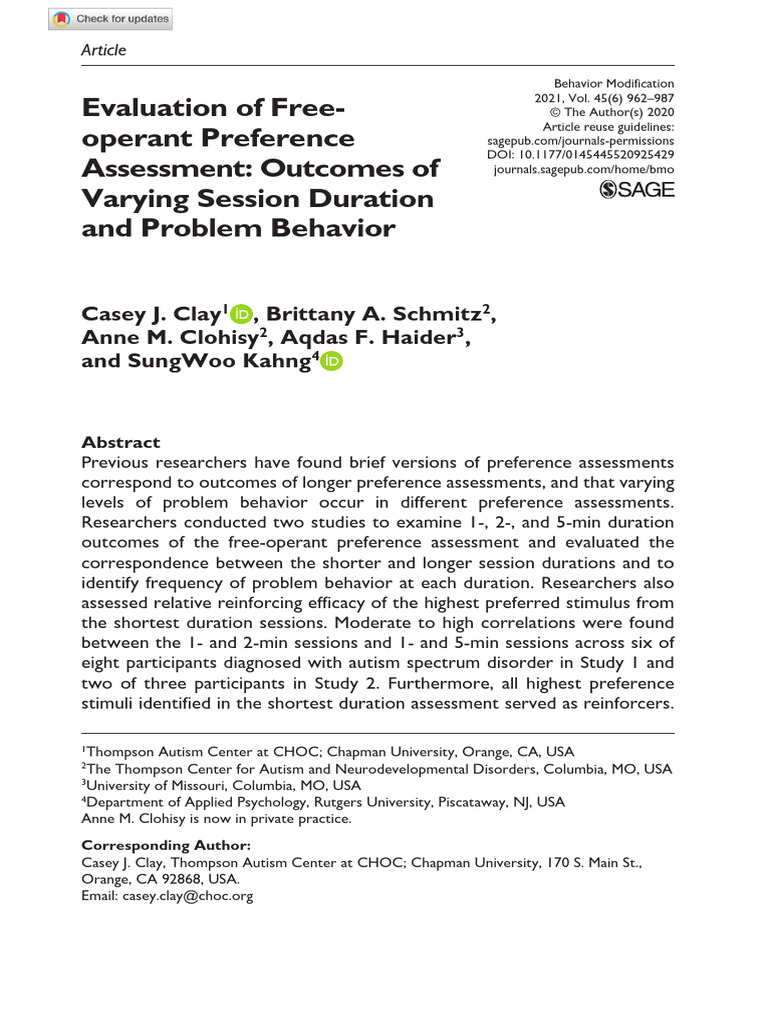 Clay Et Al 2020 Evaluation of Free Operant Preference Assessment ...