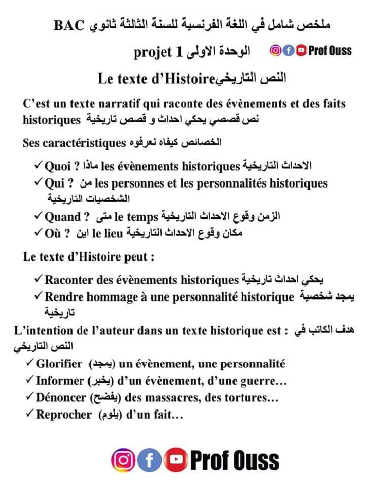 ملخص اللغة الفرنسية جميع الشعب 3 ثانوي Projet 1 Le Texte DHistoire Prof ...