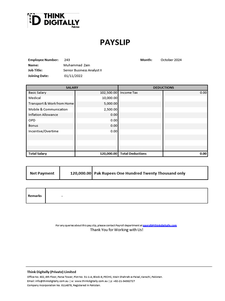 243 Muhammad Zain 2024 Payslip | PDF