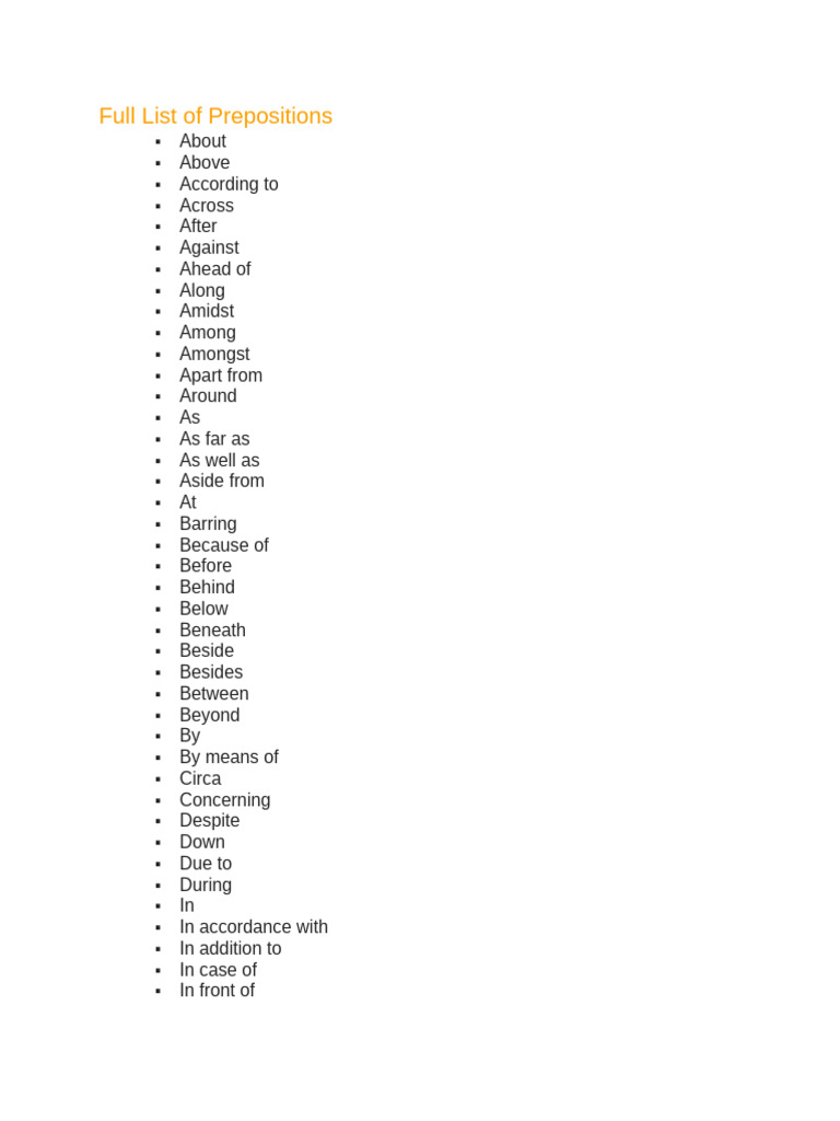 Complete List of Prepositions | PDF
