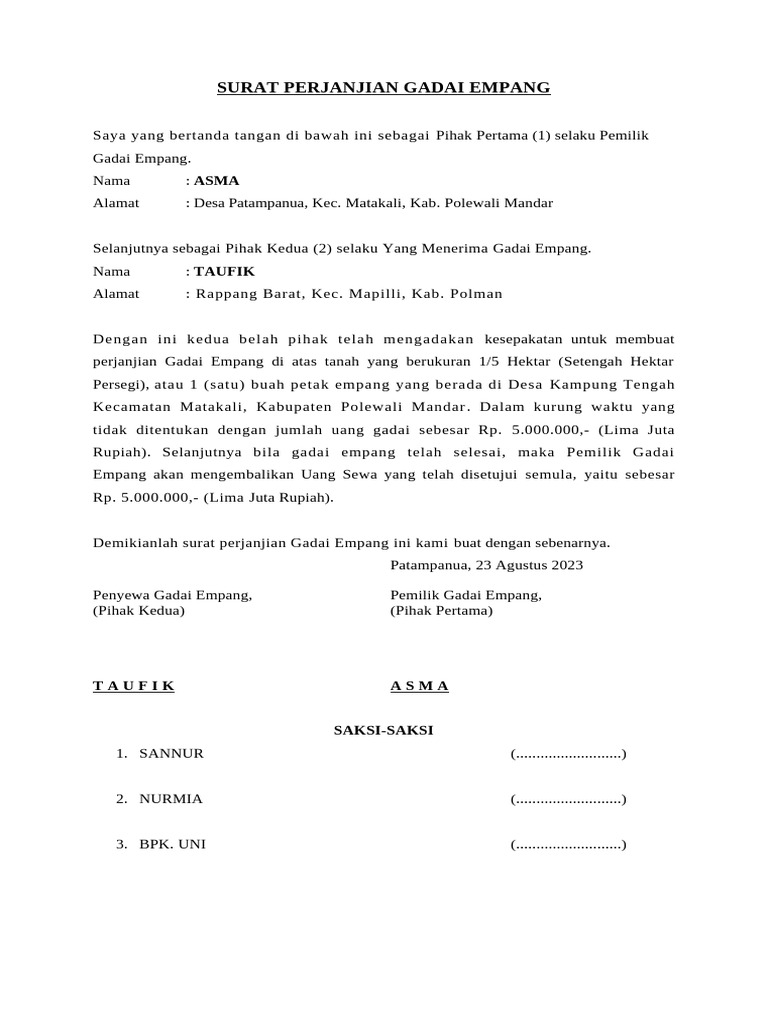 Surat Perjanjian Gadai Empang | PDF