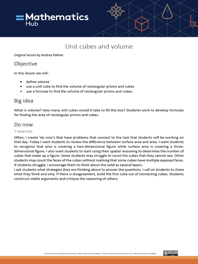 Yr7 - Space - Shapes and Objects - Unit Cubes and Volume | PDF | Area ...