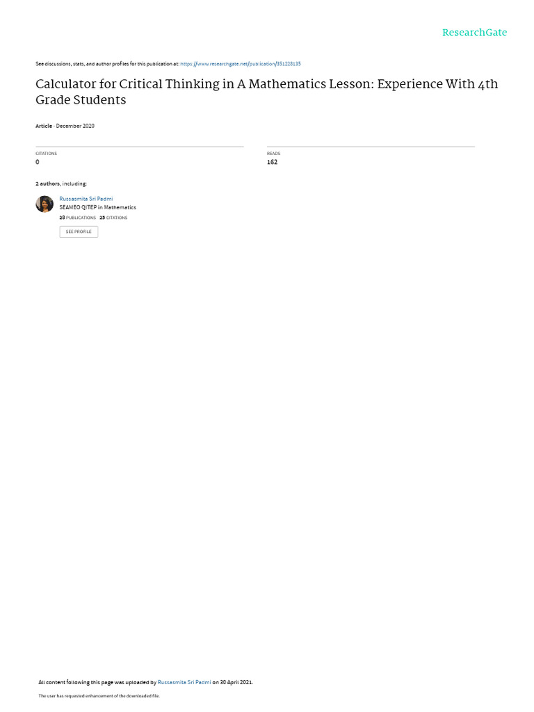 Calculator For Critical Thinking in A Mathematics Lesson - Experience ...
