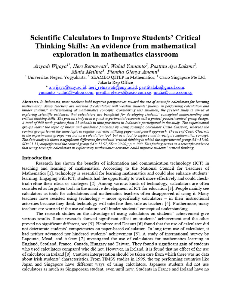 Scientific Calculators To Improve Students' Critical Thinking Skills ...