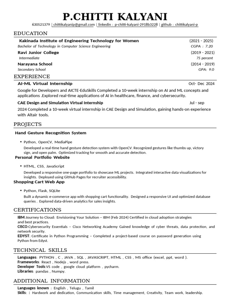 P Chitti Kalyani Resume 1 Doc | PDF | Python (Programming Language) | Cloud Computing