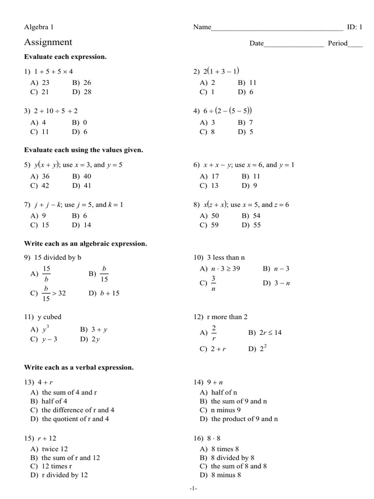 Algebra 1 Assignment Evaluation Guide | PDF | Cartesian Coordinate ...