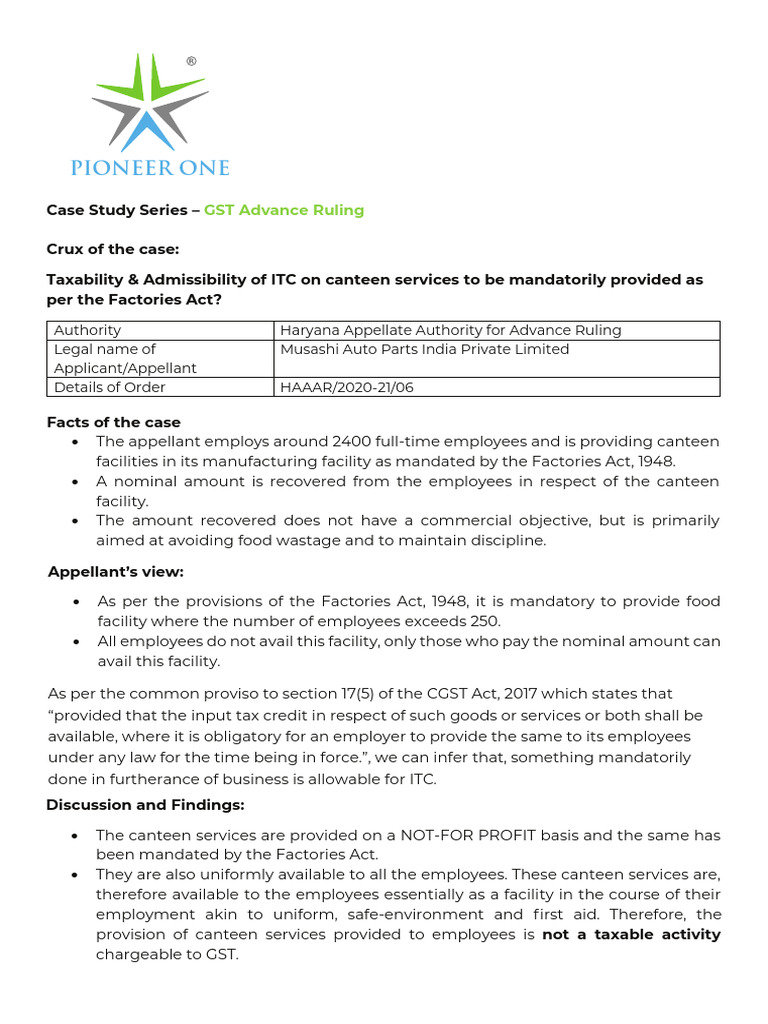 Taxability Admissibility of ITC On Canteen Services To Be Mandatorily ...
