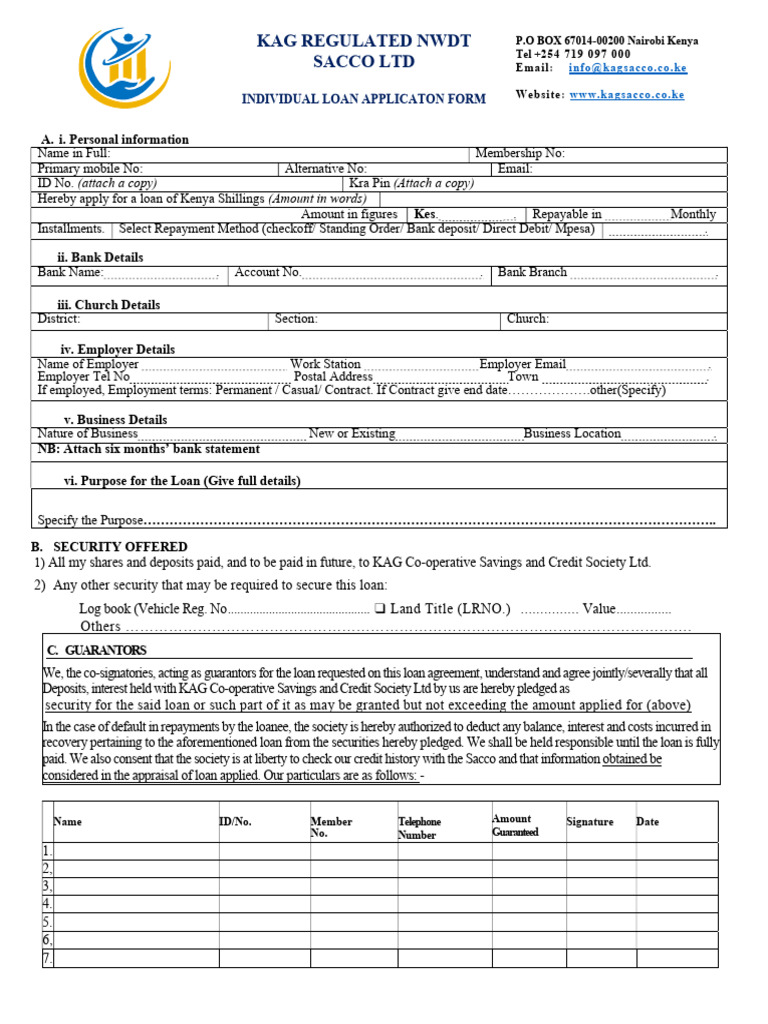 KAG SACCO Individual Loan Application Form | PDF | Loans | Banks