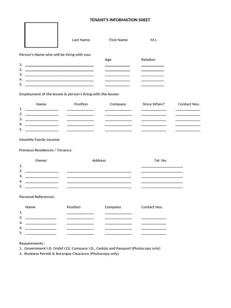 Tenant Information Sheet Template | PDF | Lease | Leasehold Estate