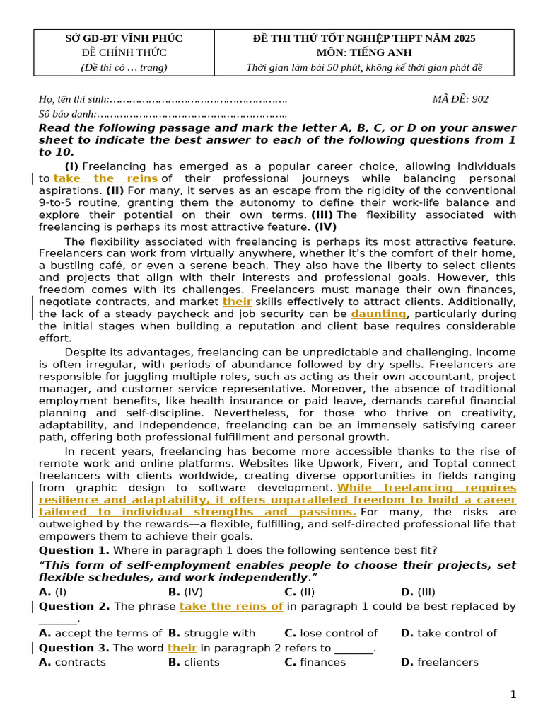 39. Đề thi KSCL 2025 - Sở GD Vĩnh Phúc (Mã đề 902) | PDF | Freelancer | Electric Vehicle