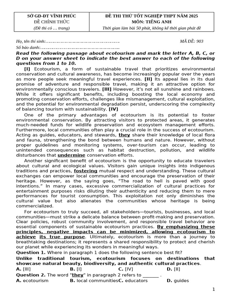 40. Đề thi KSCL 2025 - Sở GD Vĩnh Phúc (Mã đề 903) | PDF | Conservation Biology | Volunteering