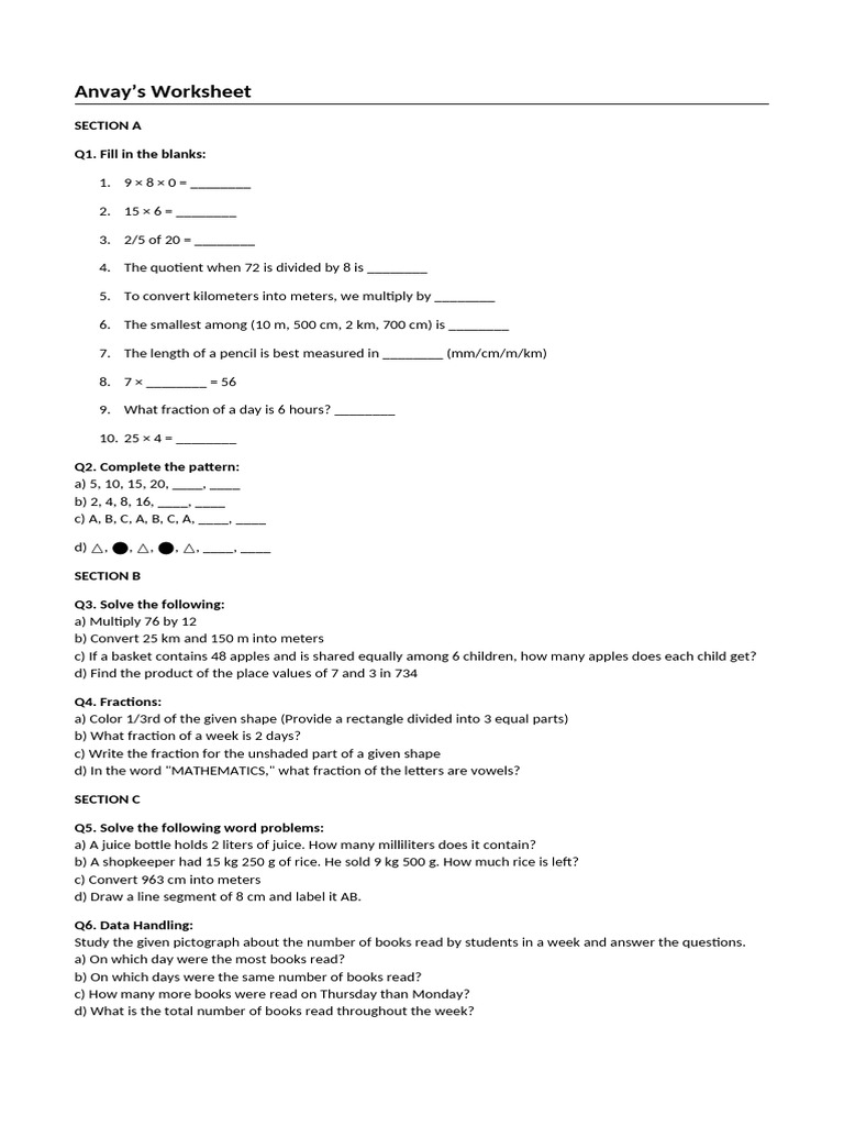 STD 3 Math Yearly Exam Worksheet 2 | PDF