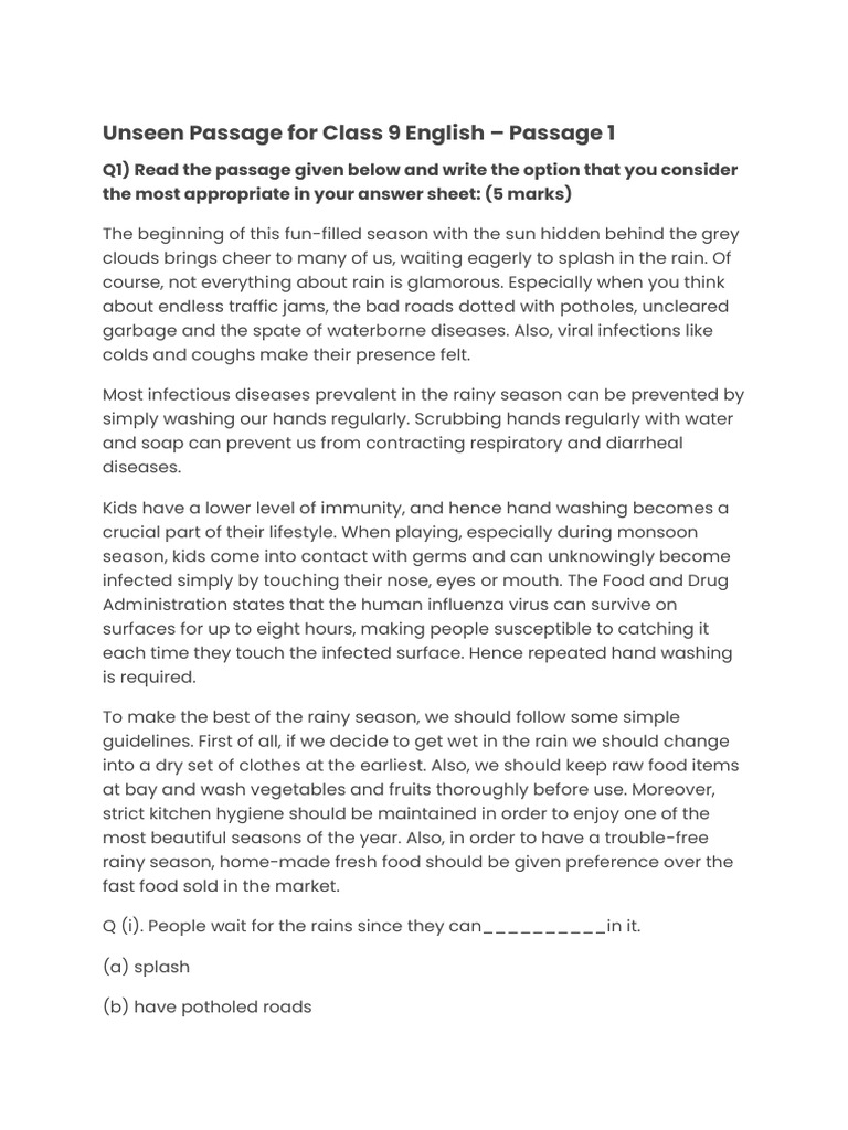Unseen Passage for Class 9 English | PDF | Hand Washing | Common Cold