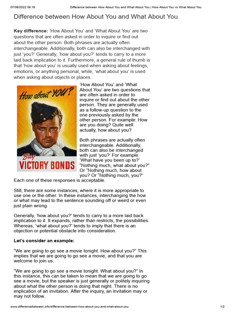 Difference Between 'How About You' and 'What About You' | PDF | Psychology