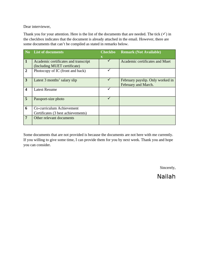 Document Submission Checklist for Interview | PDF