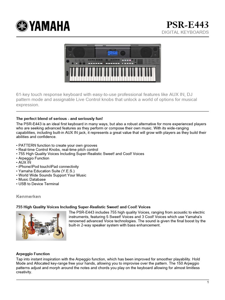Specificaties Yamaha PSR E443 | PDF | Synthesizer | I Pad