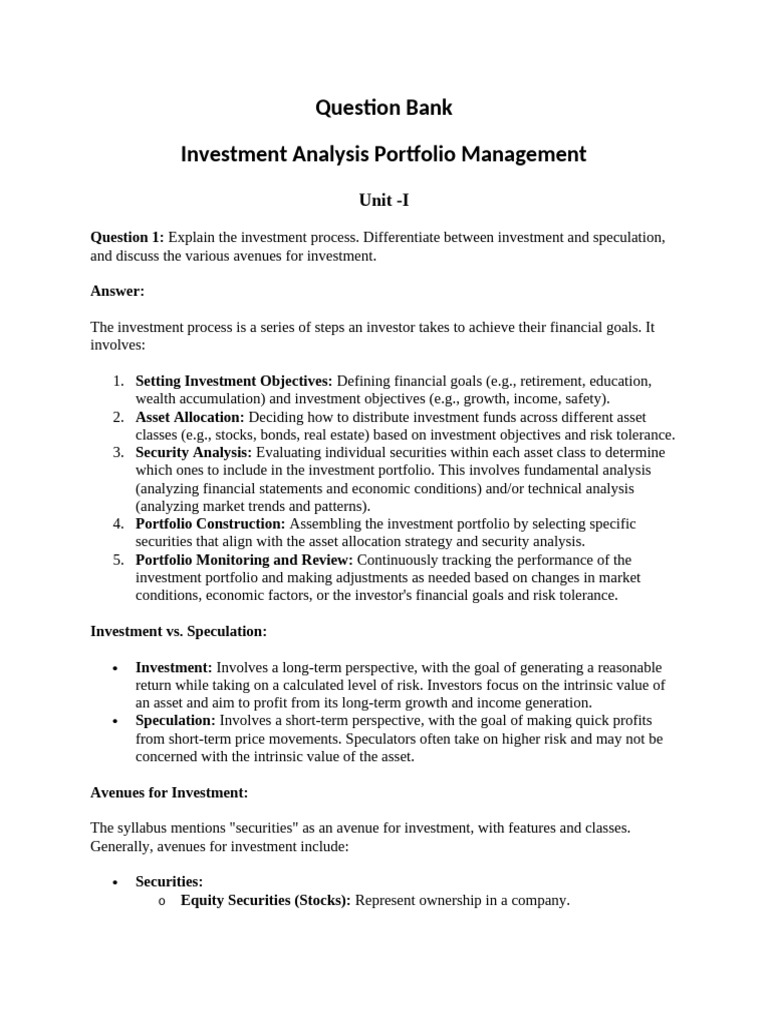 Question Bank - Investment Analysis Portfolio Management Unit 1 Unit 2 Unit 3 | PDF | Financial ...