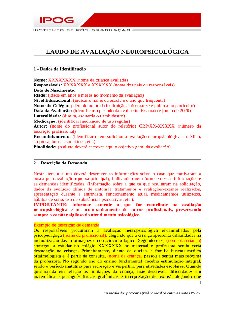 Modelo de Laudo Neuropsicológico Infantil | PDF | Neuropsicologia | Transtorno de déficit de ...