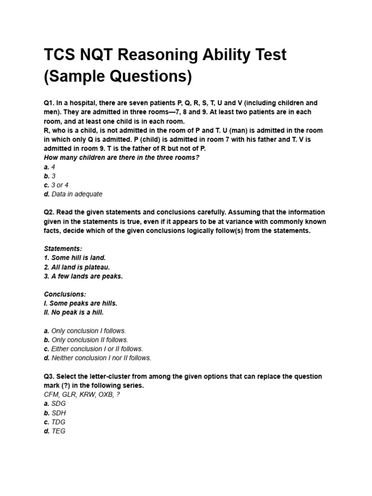 Reasoning Ability Test Sample Questions | PDF