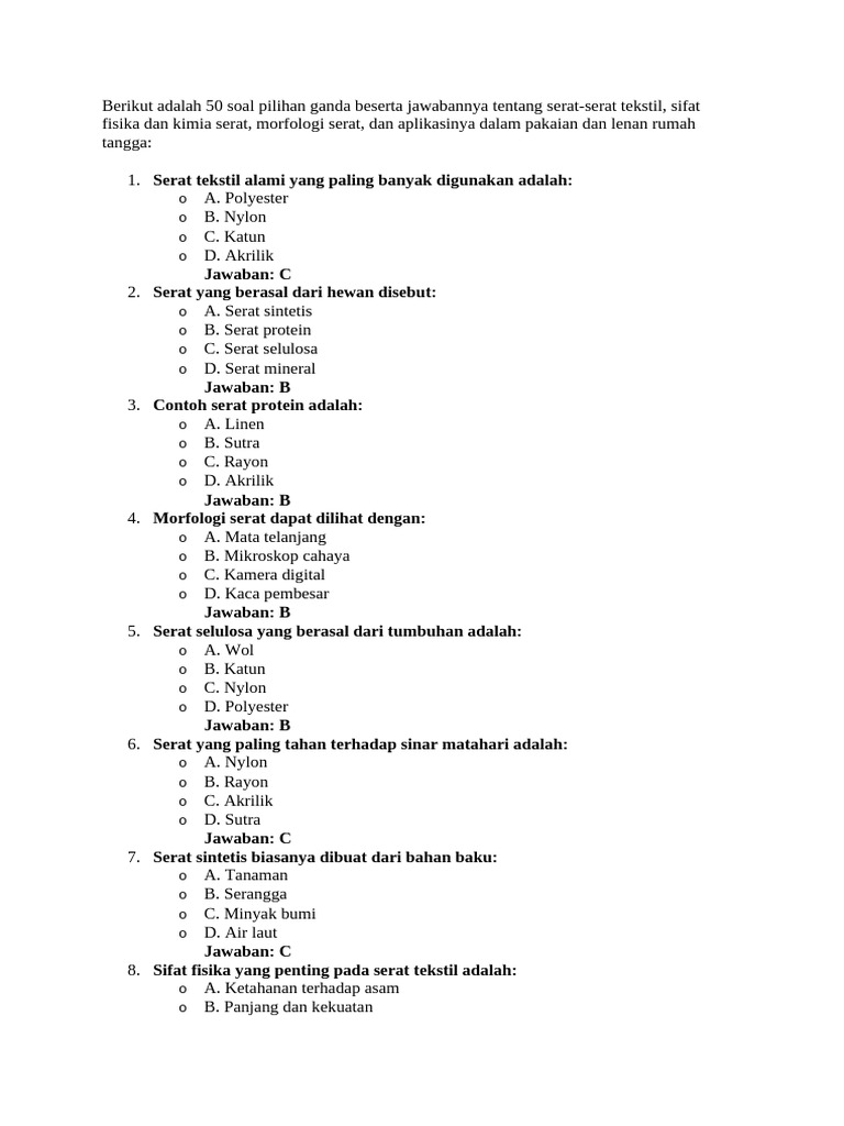 Berikut Adalah 50 Soal Pilihan Ganda Beserta Jawabannya Tentang Serat | PDF