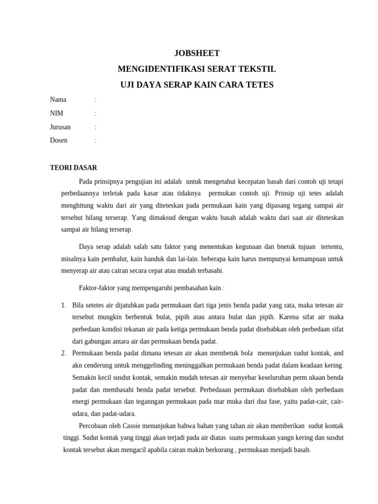 Jobsheet Identifikasi Serat Tekstil Uji Daya Serap | PDF