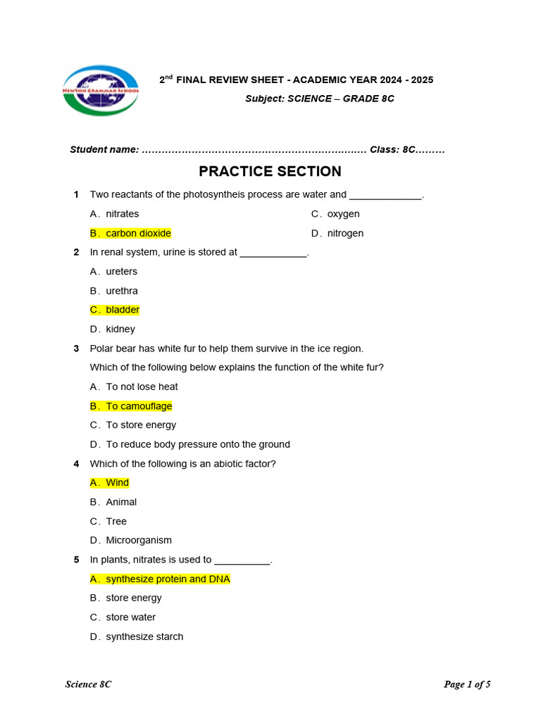 8C Science F2 Revision - Key | PDF | Photosynthesis | Plants